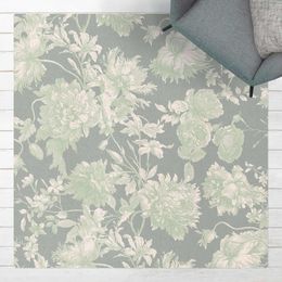 Bilderwelten Kork-Teppich Vintage grau Blumen Korkmatte - Floraler Kupferstich Mintgrau - Retro Wohnzimmer Schlafzimmer
