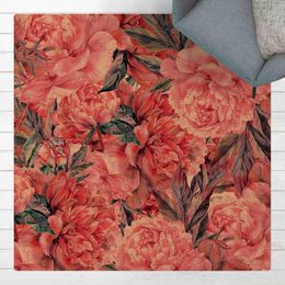 Bilderwelten Kork-Teppich Illustration rot Blumen Aquarell - Zartes Aquarell Rote Pfingstrosen Muster - Rose Wohnzimmer Schlafzimmer