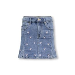 Jeansrock KIDS Only "KOGHOXTON HEART EMBROIDERY DNM SKIRT", Mädchen, Gr. 128, blau (light medium blau denim), Denim/Jeans, Obermaterial: 98% Baumwolle, 2% Elasthan, bedruckt, casual, regular fit kurz, Röcke