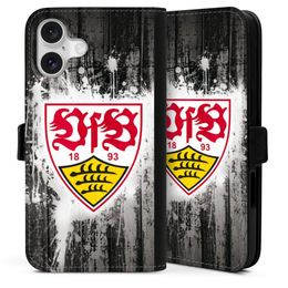DeinDesign iPhone 16 Plus Handy Klapph&uuml;lle Handyh&uuml;lle aus Kunst Leder schwarz Flip Case Official Licensed Product Vfb Stuttgart Bundesliga Sideflip mit Lasche