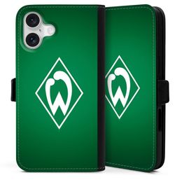 DeinDesign iPhone 16 Plus Handy Klapph&uuml;lle Handyh&uuml;lle aus Kunst Leder schwarz Flip Case Merchandise Sv Werder Bremen Logo Sideflip mit Lasche
