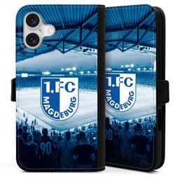 DeinDesign iPhone 16 Plus Handy Klapph&uuml;lle Handyh&uuml;lle aus Kunst Leder schwarz Flip Case Stadium 1. Fcm 1. Fc Magdeburg Sideflip mit Lasche