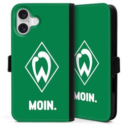DeinDesign iPhone 16 Plus Handy Klapph&uuml;lle Handyh&uuml;lle aus Kunst Leder schwarz Flip Case Moin Official Licensed Product Sv Werder Bremen Sideflip mit Lasche