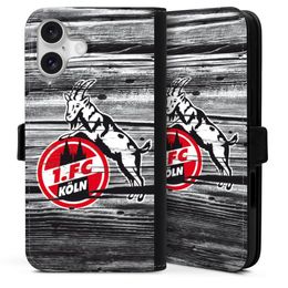 DeinDesign iPhone 16 Plus Handy Klapph&uuml;lle Handyh&uuml;lle aus Kunst Leder schwarz Flip Case 1. Fc K&ouml;ln Wooden Look Official Licensed Product Sideflip mit Lasche