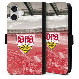 DeinDesign iPhone 16 Plus Handy Klapph&uuml;lle Handyh&uuml;lle aus Kunst Leder schwarz Flip Case Stadium Vfb Stuttgart Official Licensed Product Sideflip mit Lasche