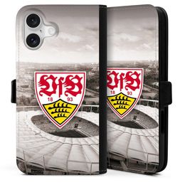 DeinDesign iPhone 16 Plus Handy Klapph&uuml;lle Handyh&uuml;lle aus Kunst Leder schwarz Flip Case Official Licensed Product Vfb Stuttgart Stadium Sideflip mit Lasche