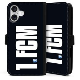 DeinDesign iPhone 16 Plus Handy Klapph&uuml;lle Handyh&uuml;lle aus Kunst Leder schwarz Flip Case 1. Fcm 1. Fc Magdeburg Official Licensed Product Sideflip mit Lasche