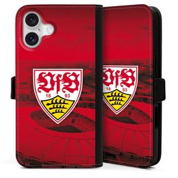 DeinDesign iPhone 16 Plus Handy Klapph&uuml;lle Handyh&uuml;lle aus Kunst Leder schwarz Flip Case Vfb Stuttgart Official Licensed Product Stadium Sideflip mit Lasche