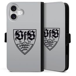 DeinDesign iPhone 16 Plus Handy Klapph&uuml;lle Handyh&uuml;lle aus Kunst Leder schwarz Flip Case Logo Official Licensed Product Vfb Stuttgart Sideflip mit Lasche