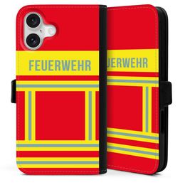 DeinDesign iPhone 16 Plus Handy Klapph&uuml;lle Handyh&uuml;lle aus Kunst Leder schwarz Flip Case Fire Fighters Life Saver Fire Fighter Sideflip mit Lasche
