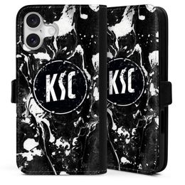 DeinDesign iPhone 16 Plus Handy Klapph&uuml;lle Handyh&uuml;lle aus Kunst Leder schwarz Flip Case Karlsruher Sc Ksc Official Licensed Product Sideflip mit Lasche