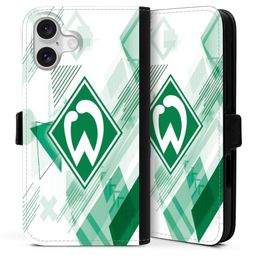 DeinDesign iPhone 16 Plus Handy Klapph&uuml;lle Handyh&uuml;lle aus Kunst Leder schwarz Flip Case Official Licensed Product Sv Werder Bremen Muster Sideflip mit Lasche