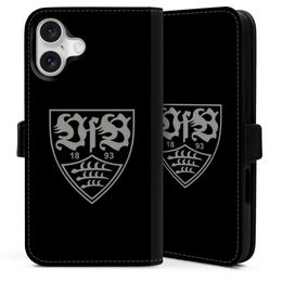 DeinDesign iPhone 16 Plus Handy Klapph&uuml;lle Handyh&uuml;lle aus Kunst Leder schwarz Flip Case Official Licensed Product Vfb Stuttgart Logo Sideflip mit Lasche