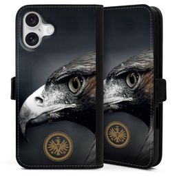 DeinDesign iPhone 16 Plus Handy Klapph&uuml;lle Handyh&uuml;lle aus Kunst Leder schwarz Flip Case Eintracht Frankfurt Eagle Official Licensed Product Sideflip mit Lasche