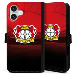 DeinDesign iPhone 16 Plus Handy Klapph&uuml;lle Handyh&uuml;lle aus Kunst Leder schwarz Flip Case Bayer 04 Leverkusen Official Licensed Product Stadium Sideflip mit Lasche