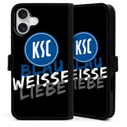 DeinDesign iPhone 16 Plus Handy Klapph&uuml;lle Handyh&uuml;lle aus Kunst Leder schwarz Flip Case Ksc Karlsruher Sc Official Licensed Product Sideflip mit Lasche