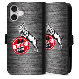 DeinDesign iPhone 16 Plus Handy Klapph&uuml;lle Handyh&uuml;lle aus Kunst Leder schwarz Flip Case Official Licensed Product Metallic Look 1. Fc K&ouml;ln Sideflip mit Lasche