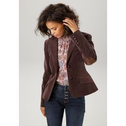 Jackenblazer Aniston CASUAL, Damen, Gr. 38, braun (dunkelbraun), Web, Cord, Obermaterial: 97% Baumwolle, 3% Elasthan. Futter: 100% Polyester, unifarben, casual, figurbetont hüftlang, Langarm normaler Saum mit Knöpfen, Blazer, mit Stoff-Einfassungen und Ärmelpatches