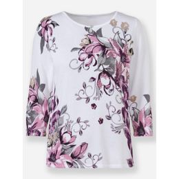WITT Damen Rundhalspullover mit Glitzersteinchen-Verzierung, ecru-orchidee-bedruckt, Gr&ouml;&szlig;e 36