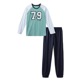 Schlafanzug AUTHENTIC LE JOGGER "für Jungs", Kinder, Gr. 122/128, blau, Single Jersey, Obermaterial: 100% Baumwolle, bedruckt, Basic, Rundhals, Langarm abgesteppte Kante, Homewear-Sets, Schlafanzug mit großem College-Print vorn