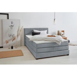 Boxspringbett OTTO products "Peetu", blau (graublau), B:150cm L:213cm, Struktur fein aus 100%-recyceltem Polyester, Komplettbetten, Boxspringbett, Taschenfederkern-Matratze, in 4 Breiten und 4 Farben, incl. Topper