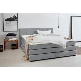 Boxspringbett OTTO products "Peetu", blau (graublau), B:210cm L:213cm, Struktur fein aus 100%-recyceltem Polyester, Komplettbetten, Boxspringbett, Taschenfederkern-Matratze, in 4 Breiten und 4 Farben, incl. Topper