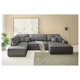 Wohnlandschaft Andas "FINNLEY U-Form XXL 329 cm, Schlafsofa, Schlaffunktion m. Bettkasten", grau (anthrazit), B:329cm H:85cm T:195cm, Bezugstoff 100% PES , Atmungsaktives Gewebe , Easy Clean , Gramatur 340g/ qm +/- 5%, Sofas, (194/139 cm), Bouclé, Struktur und Cord