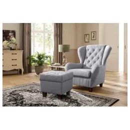 Ohrensessel Home Affaire "Alexandra", grau (hellgrau), B:92cm H:103cm T:93cm, Samtvelours (100% Polyester), Struktur fein (100% Polyester), Sessel, incl. Hocker, mit Steppung, in vielen Farben