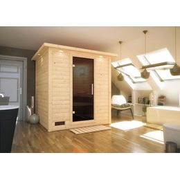 Sauna Karibu "Menja", beige (naturbelassen), ohne Ofen, (ohne Ofen), Saunen, ohne Ofen