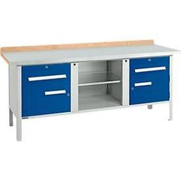 Schäfer Shop Kastenwerkbank Schäfer Shop Select PW 200-0, Buche Multiplexplatte, mit Stahlabdeckung, bis 750 kg, B 2000 x T 700 x H 840 mm, Enzianblau