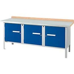 Schäfer Shop Kastenwerkbank Schäfer Shop Select PW 200-3, Buche Multiplexplatte, mit Stahlabdeckung, bis 750 kg, B 2000 x T 700 x H 840 mm, Enzianblau
