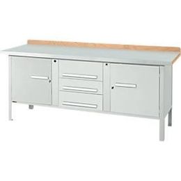Schäfer Shop Kastenwerkbank Schäfer Shop Select PW 200-4, Buche Multiplexplatte, mit Stahlabdeckung, bis 750 kg, B 2000 x T 700 x H 840 mm, Lichtgrau