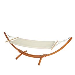 Hängematte mit Gestell HWC-J46, Hängeschaukel, bis 200kg Holzgestell FSC®-zertifiziert 320cm ~ braun, Matte creme-weiß