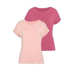 Kurzarmshirt Vivance "mit Gummizug im Bund", Damen, Gr. 40/42, bunt (rose, beere), Obermaterial: 95% Viskose, 5% Elasthan, unifarben, Basic, figurumspielend normal, Rundhals, angeschnitten, Shirts Kurzarmshirt, aus weichem Viskose-Stretch, Topseller