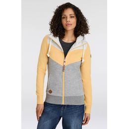 Sweatjacke Ragwear "TREGA ZIP O", Damen, Gr. L, gelb, Sweatware, Obermaterial: 70% Baumwolle, 30% Polyester, bedruckt, colorblocking, kontrastfarbene Details, mehrfarbig, figurbetont hüftlang, Rundhals, Rippbündchen, Sweatjacken, im Colorblocking-Design
