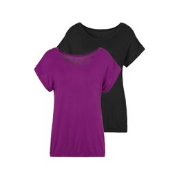 Kurzarmshirt Vivance "mit Gummizug im Bund", Damen, Gr. 32/34, lila (lila, schwarz), Obermaterial: 95% Viskose, 5% Elasthan, unifarben, Basic, figurumspielend normal, Rundhals, angeschnitten, Shirts, aus weichem Viskose-Stretch, Topseller