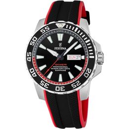 Festina Quarzuhr »Diver Collection« Armbanduhr, Herrenuhr, Taucheruhr, Silikonarmband, Datum schwarz-rot Topaktuelle Herrenarmbanduhr