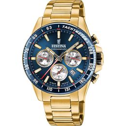Festina Chronograph »Timeless Chronograph« Armbanduhr, Quarzuhr, Herrenuhr, Stoppfunktion, Edelstahlarmband goldfarben-dunkelblau Modischer...