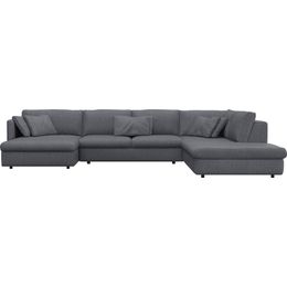 Wohnlandschaft FLEXLUX "Lovane, u-Form, bequem und komfortabel", blau (navy blau), B:399cm H:84cm T:272cm, 62% Polyester/14% Cotton/7% Linen, Sofas, Wohnlandschaft, Weich & anschmiegsam, gro&szlig;e Sitztiefe auf Kaltschaum, Dekokissen inkl.
