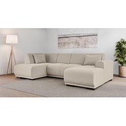 Wohnlandschaft Home Affaire "BORNHOLM U-Form mit Recamiere rechts/links, B/T/H: 300/162/85 cm", beige, B:300cm H:85cm T:162cm, 100% Polyester, Sofas, Wohnlandschaft, U-Form mit Wellenunterfederung, Recamiere rechts oder links bestellbar