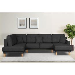 Wohnlandschaft Home Affaire "TRIPLO U-Form wahlweise mit Schlaffunktion, B/T/H: 310/192/90 cm", schwarz, B:310cm H:90cm T:192cm, 100% Polyester, Sofas, Wohnlandschaft, Schlafsofa, auch mit Bettkasten, Steppung im R&uuml;ckenkissen