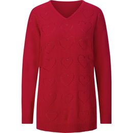 Damen Longpullover mit Ajour-Herzchen rot, Gr&ouml;&szlig;e 50