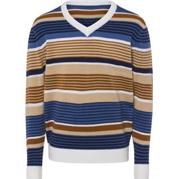 Herren V-Ausschnitt-Pullover mit Ringel-Muster beige-mittelblau-gemustert, Gr&ouml;&szlig;e 50