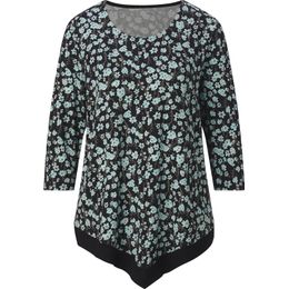 Damen 3/4-Arm-Shirt mit spitz zulaufendem Saum schwarz-salbei-bedruckt, Gr&ouml;&szlig;e 54