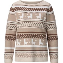 Damen Jacquard-Pullover mit Lamas beige-schoko-gemustert, Gr&ouml;&szlig;e 38
