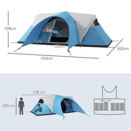 Outsunny Tunnelzelt, Campingzelt, Wasserabweisend Familienzelt für 6 Personen, Festivalzelt mit Fenster, Tragetasche, für Garten, Terrasse, Blau