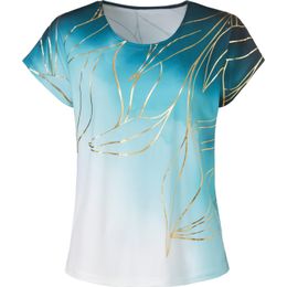 Damen Print-Shirt mit Foliendruck petrol-goldfarben-bedruckt, Gr&ouml;&szlig;e 36