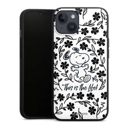 DeinDesign iPhone 14 Plus Handy Premium Silikon H&uuml;lle Handyh&uuml;lle schwarz Case Peanuts Flowers Snoopy Silikon Premium Case