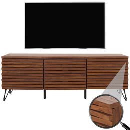 TV-Rack MCW-M49, Lowboard TV-Schrank, 3D-Design Stauf&auml;cher, MDF Metall 52x142x44cm ~ Walnuss-Optik