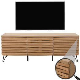 TV-Rack MCW-M49, Lowboard TV-Schrank, 3D-Design Stauf&auml;cher, MDF Metall 52x142x44cm ~ natur
